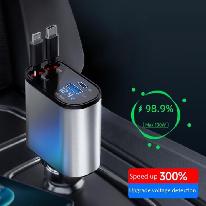 4 in 1 Car Charger 120W with Retractable Cables and PD Fast Charging