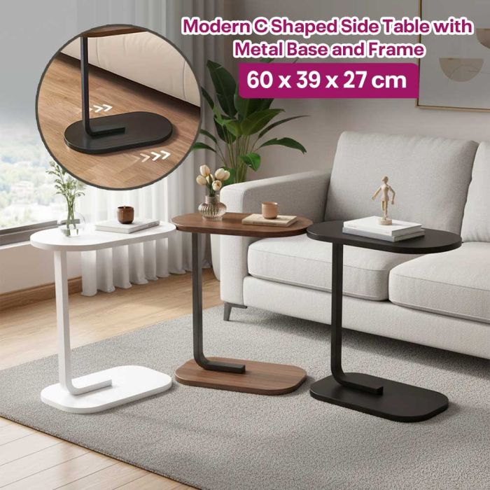 Modern C Shaped Side Table with Metal Base and Frame