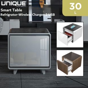 Elegant Smart Side Table with 30L Refrigerator, Built-in Wireless Phone ...